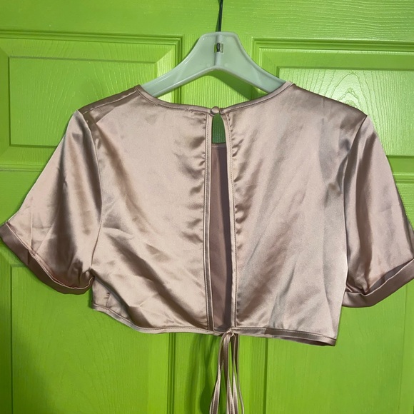 Tops | Champagne Color Silk Short Sleeve Crop Top W Open Back | Poshmark